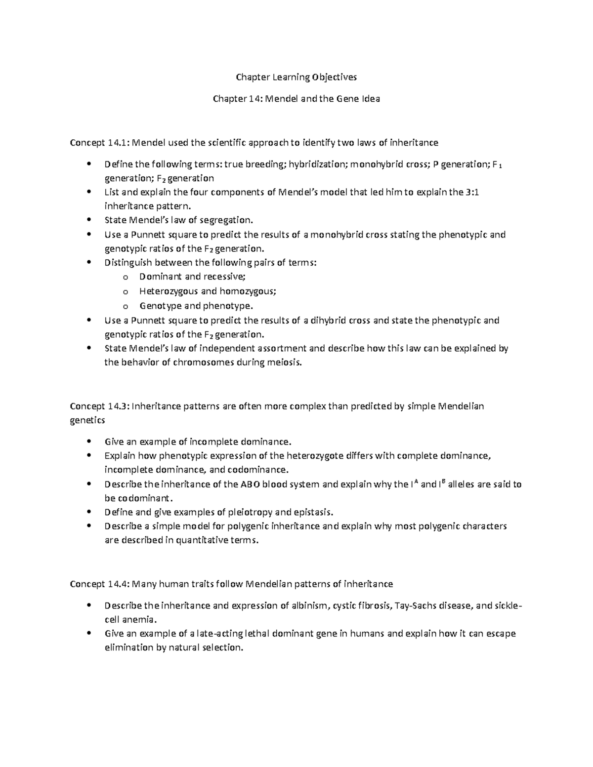 Chapter 14 Learning Objectives - Chapter Learning Objectives Chapter 14: Mendel and the Gene ...