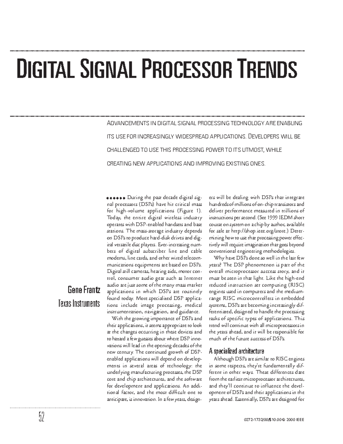 Digital Signal Processor Trends - 52 During the past decade digital sig ...