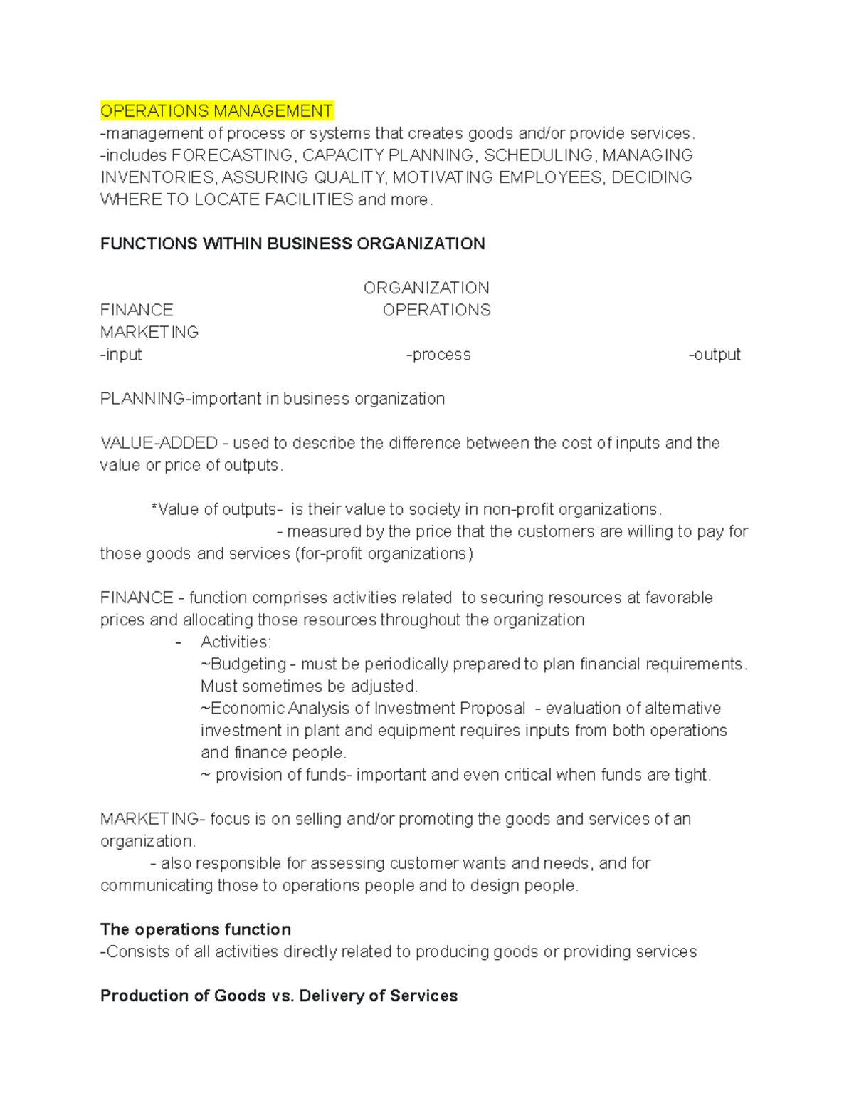 Operations Management Lecture Notes for - Strategic Management ...
