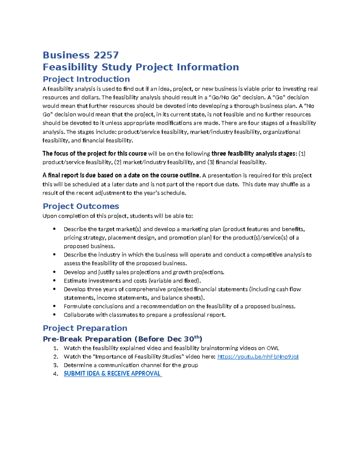 Feasibility Study Primer - Business 2257 Feasibility Study Project ...