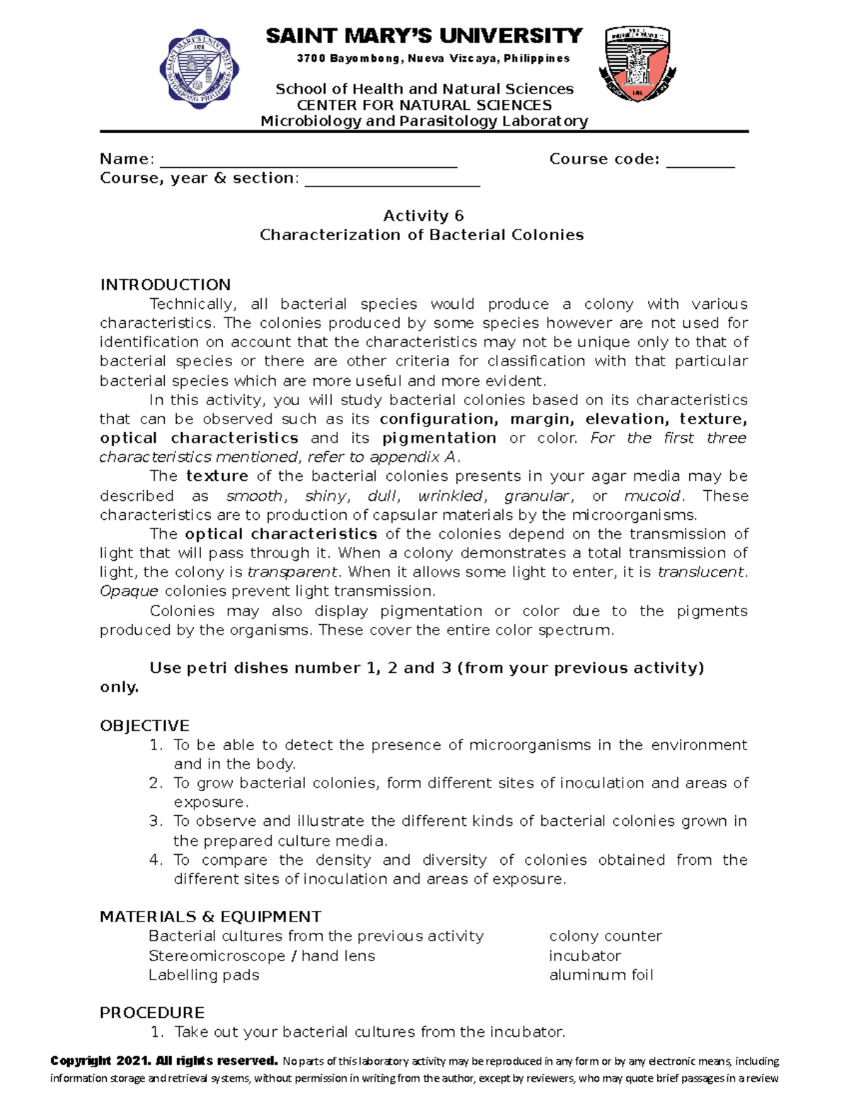 06 Characterization-of-Bacterial-Colonies - School of Health and ...