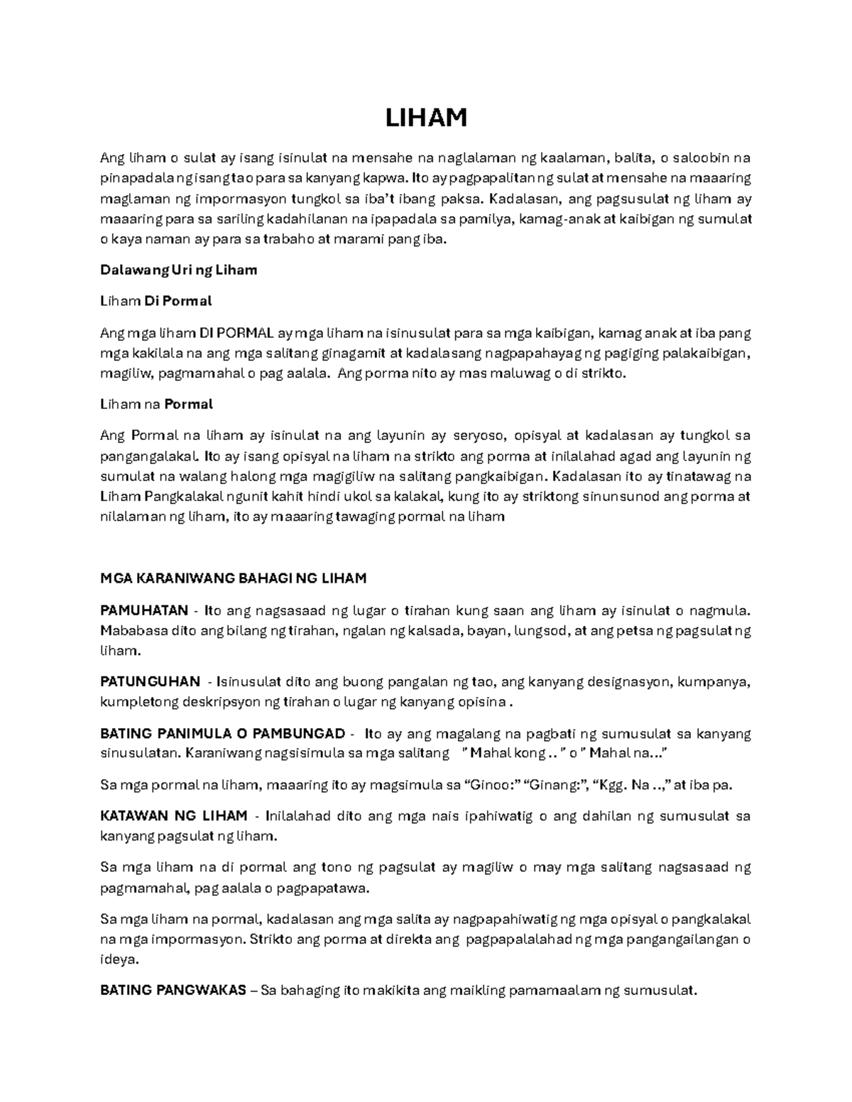 Liham-2 - Summary Lichamelijke Oefening - LIHAM Ang liham o sulat ay ...