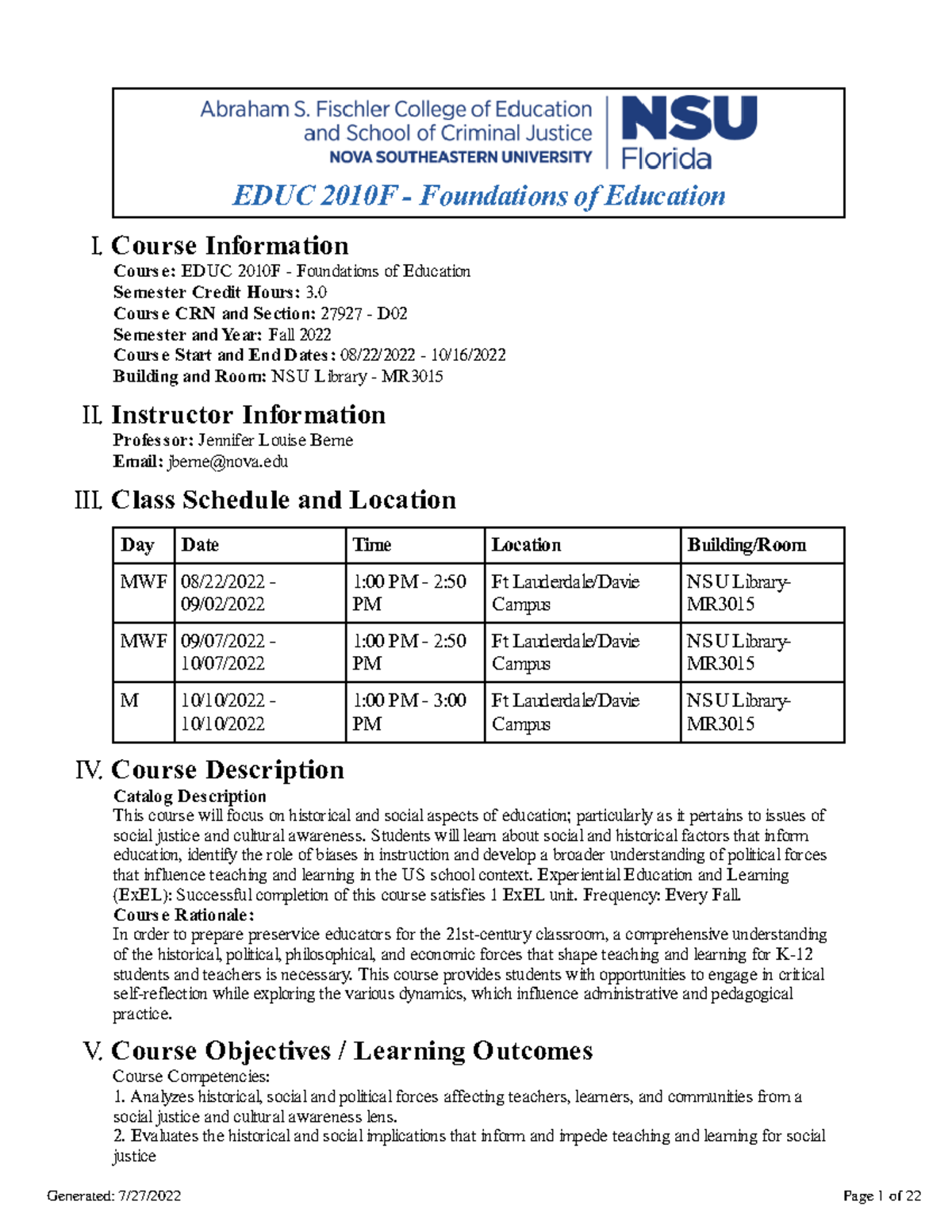 Educ 2010 f syllabus - EDUC 2010F - Foundations of Education I. Course ...