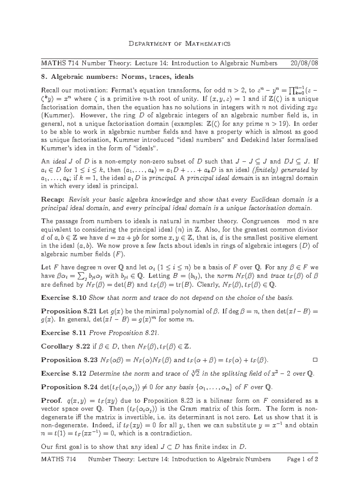MATHS714 2008 Lecture 14 - Introduction to algebraic numbers - Norms, traces, ideals ...