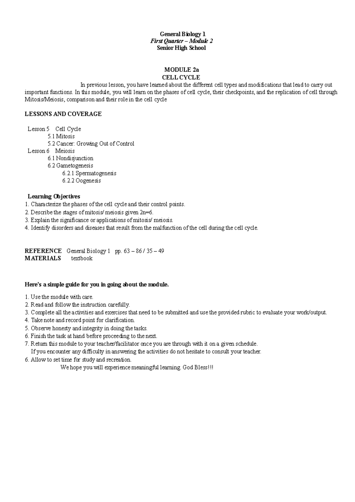 Biology 1 Q2 Module 2a - First Quarter – Module 2 Senior High School ...
