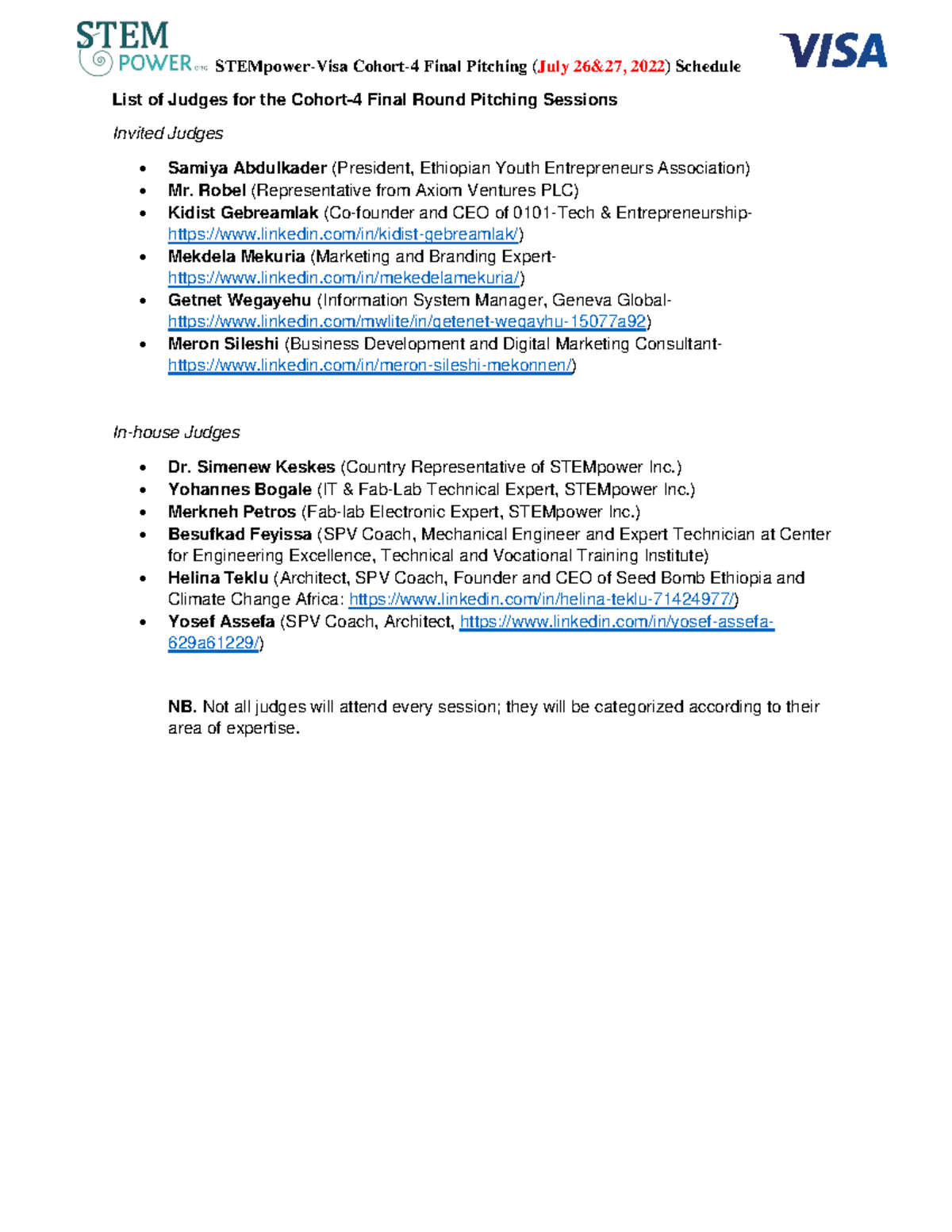 Spvefet Cohort-4 Final Pitching Judge List - STEMpower-Visa Cohort-4 Final Pitching (July 26&27 ...