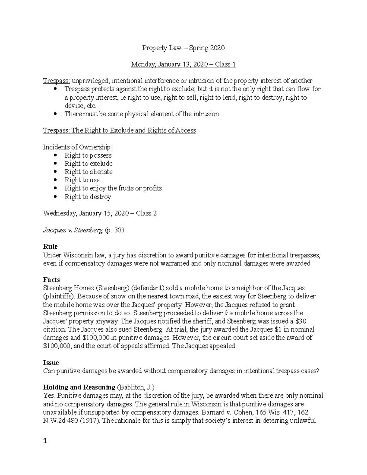 Property Law outline - Property Law – Spring 2020 Monday, January 13 ...