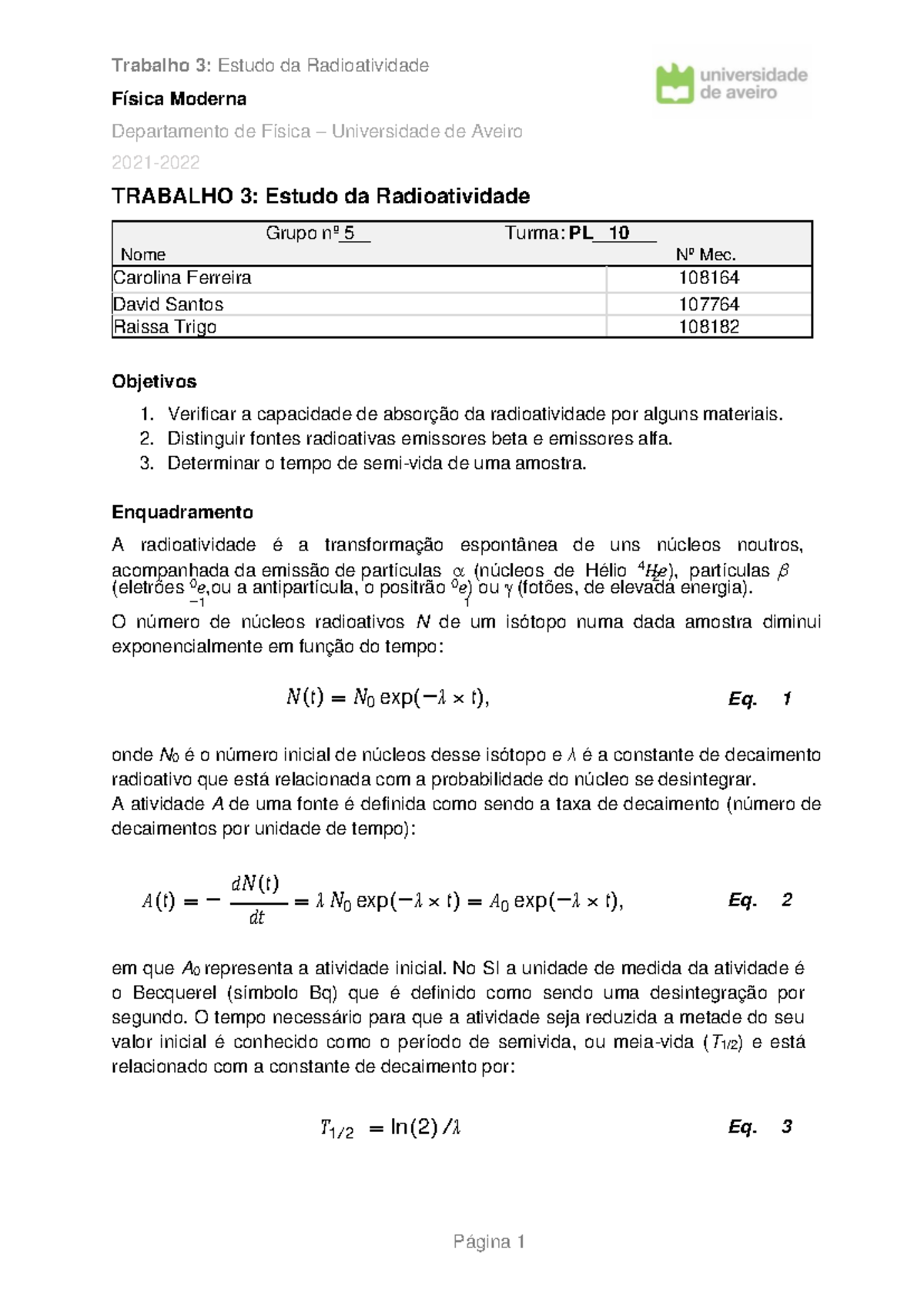 G5 T3 - Trabalho prático 3 - 2 Física Moderna Departamento de Física ...