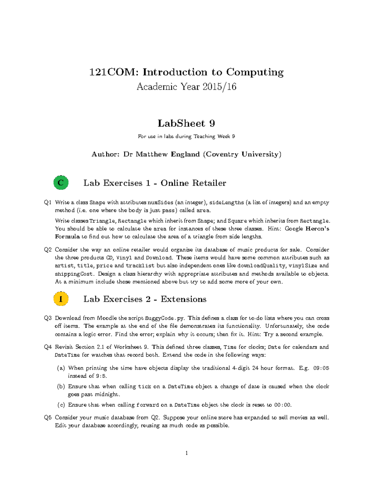Lab Sheet 9 - 121COM: Introduction to Computing Academic Year 2015/ LabSheet 9 For use in labs ...