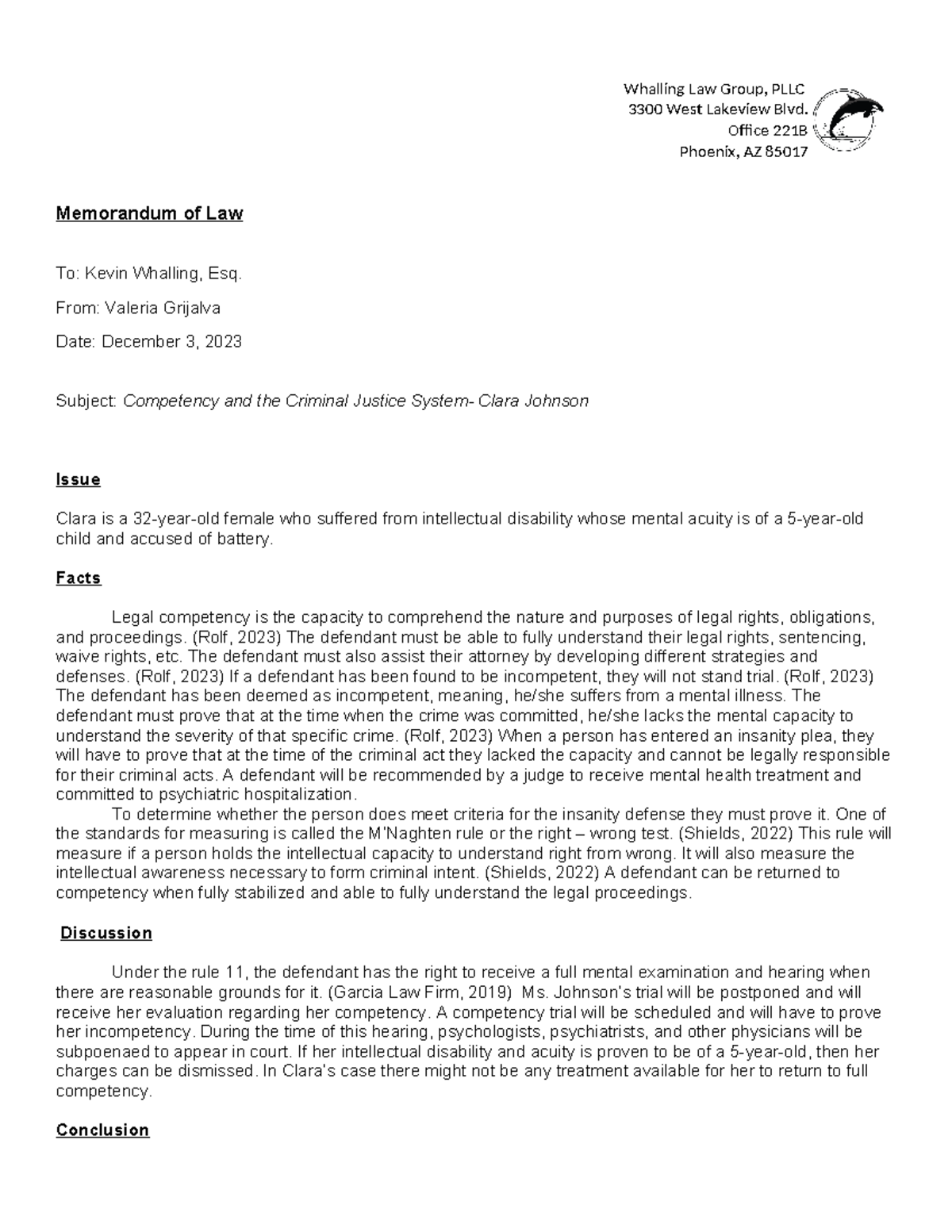 JUS430 T2 Memorandum of Law - Whalling Law Group, PLLC 3300 West ...