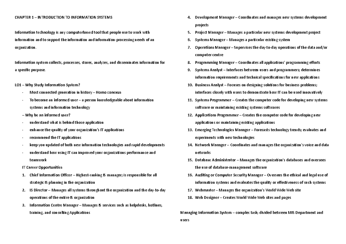 Chapter 1 Summary Introduction To Information Systems Chapter 1 Introduction To