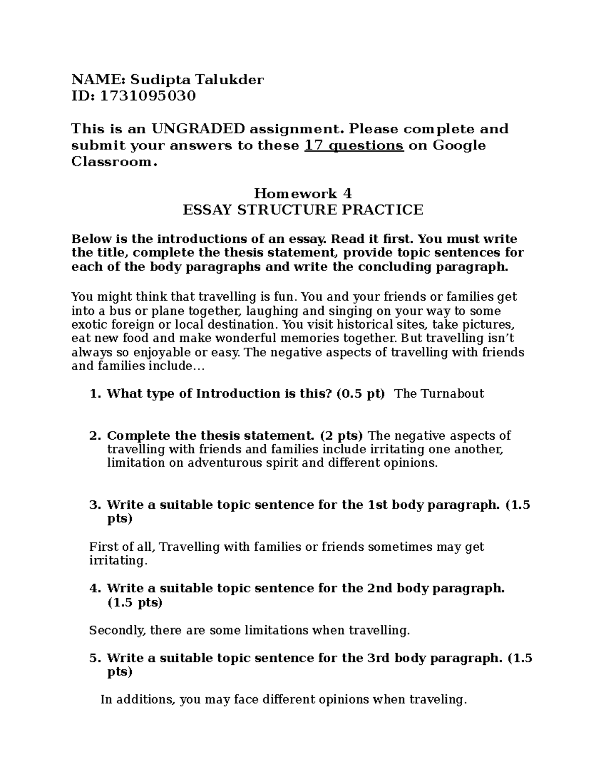 Homework 4 - Essay Structure & Parallelism Practice - NAME: Sudipta ...