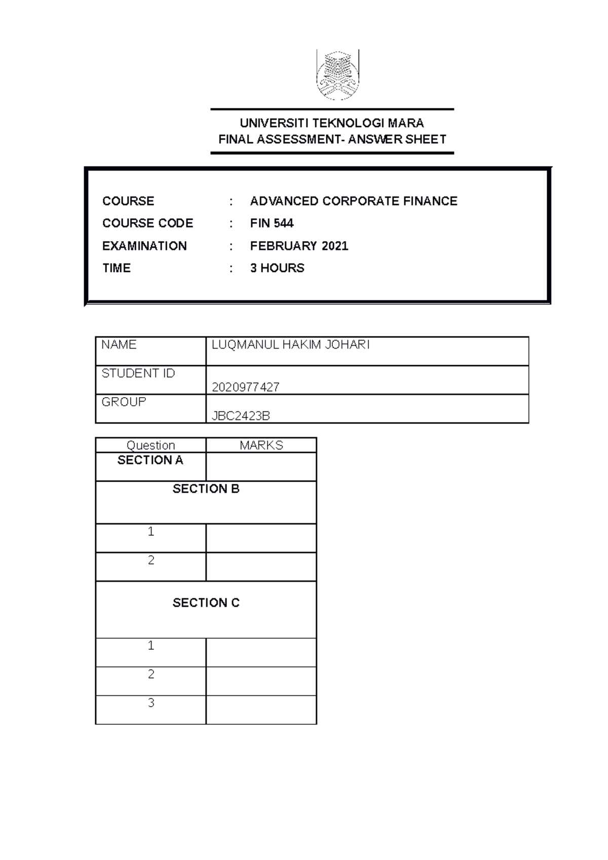Answer Sheet FIN544 - assessment for students - Financial Accounting ...