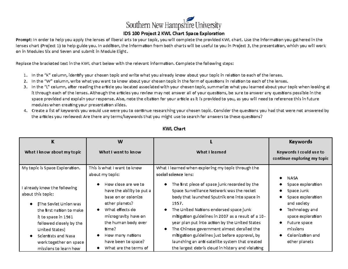 IDS 100 4-1 KWL Space Exploration docx - IDS 100 Project 2 KWL Chart ...