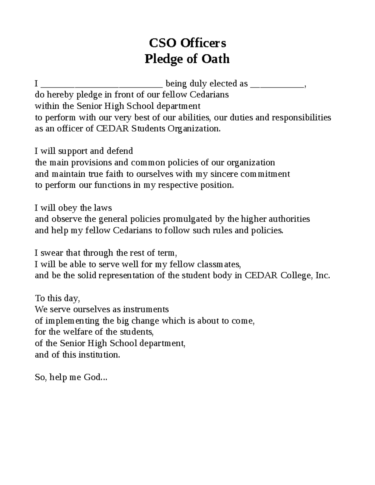 dfhsdfjdhfhdf - pledge of oath - CSO Officers Pledge of Oath I ...
