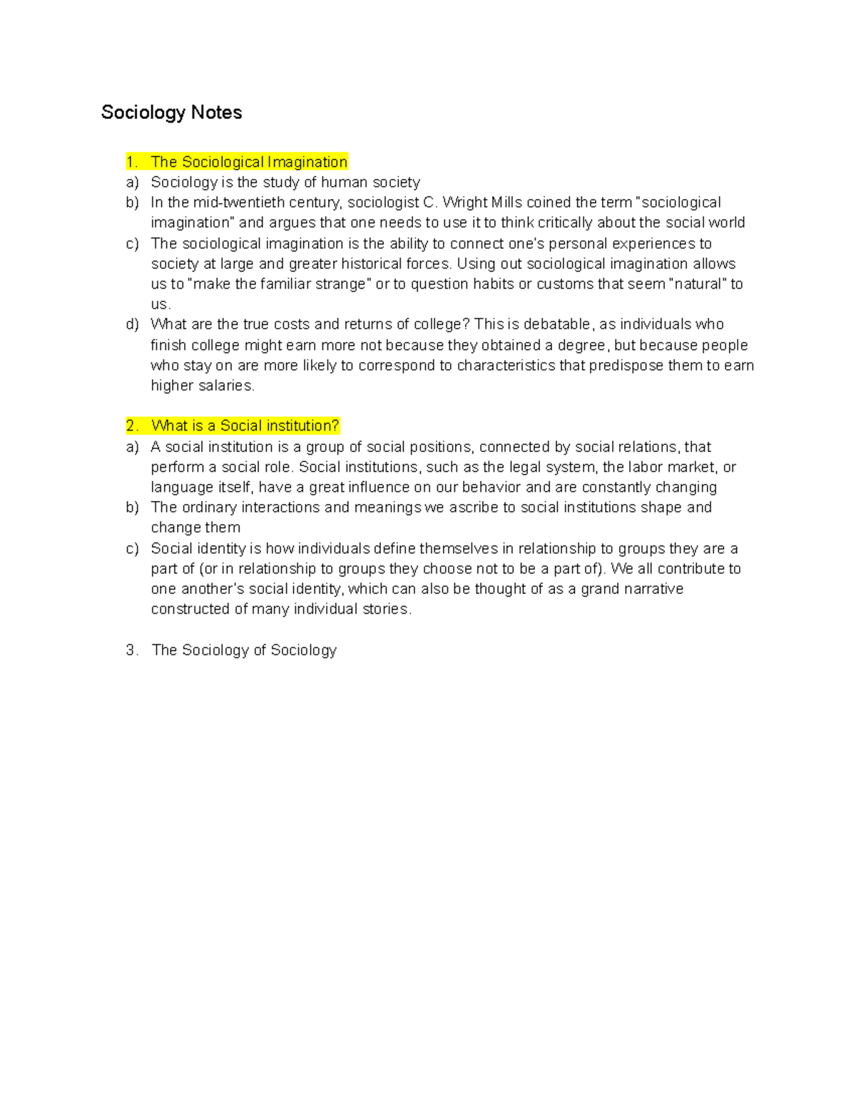 Notes from class - Sociology Notes The Sociological Imagination a ...