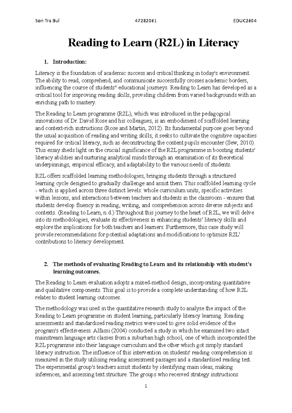 Assessment 3 educ - Essay - Reading to Learn (R2L) in Literacy ...