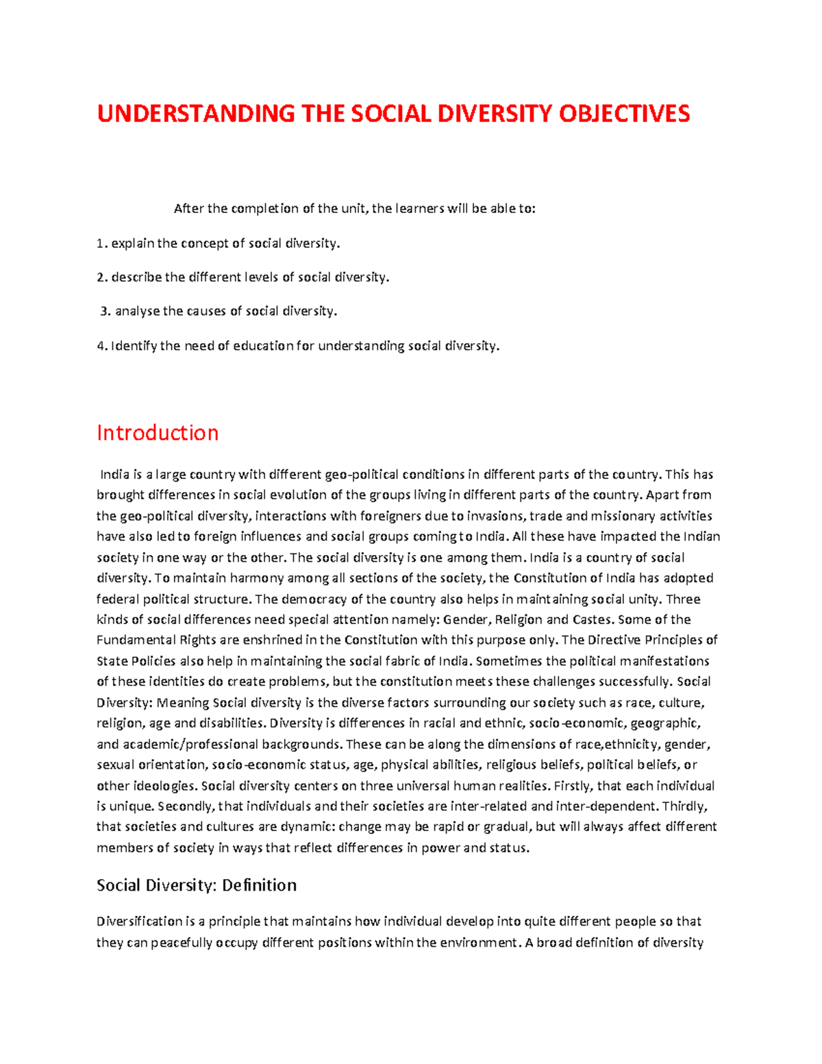 Understanding The Social Diversity Objectives - UNDERSTANDING THE ...