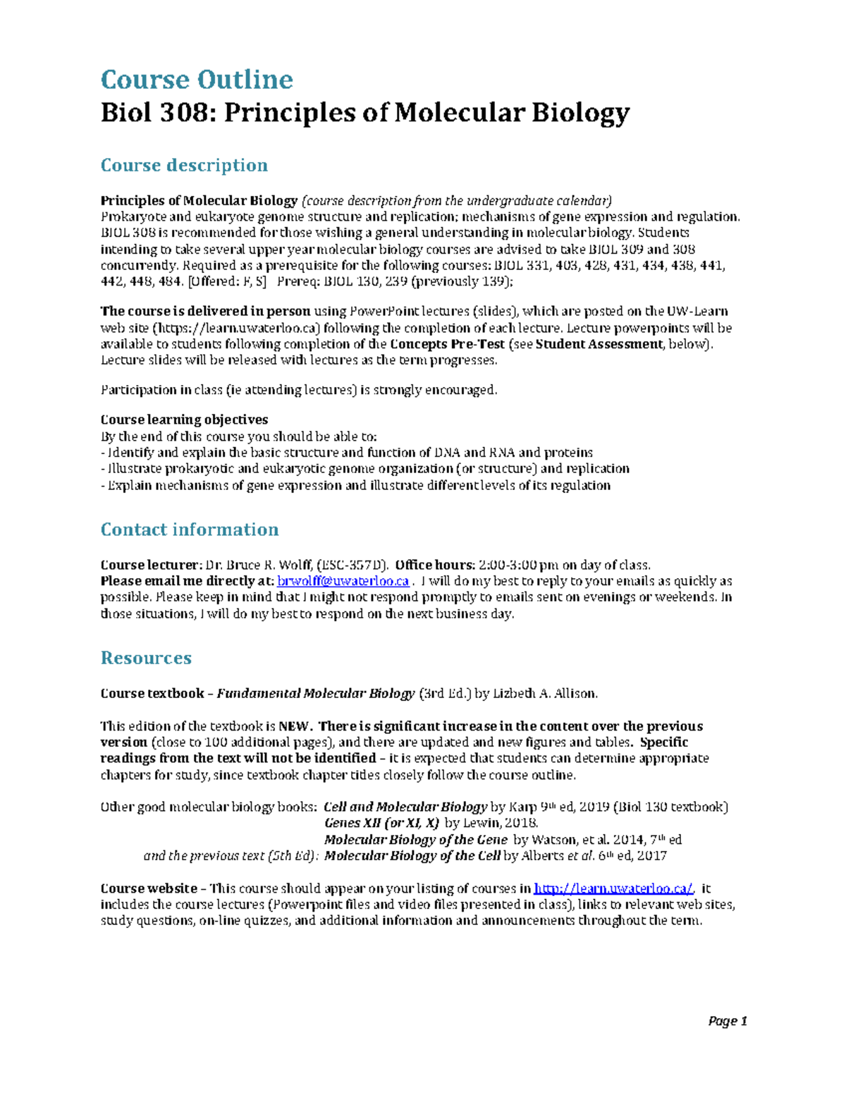 BIOL 308 - Principles of Molecular Biology - BIOL 308 - UWaterloo - Studocu