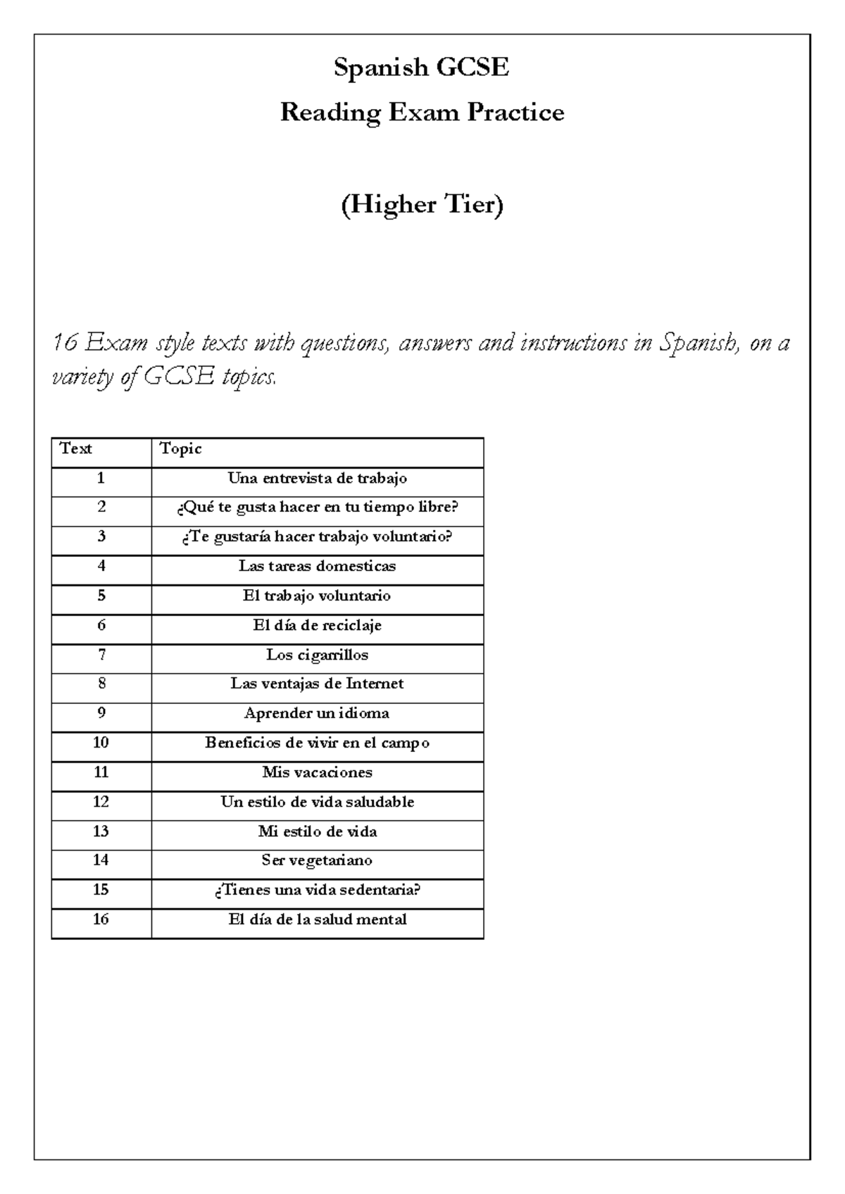 Ejercicios GCSE - sheets on spanish exercises - Spanish GCSE Reading ...