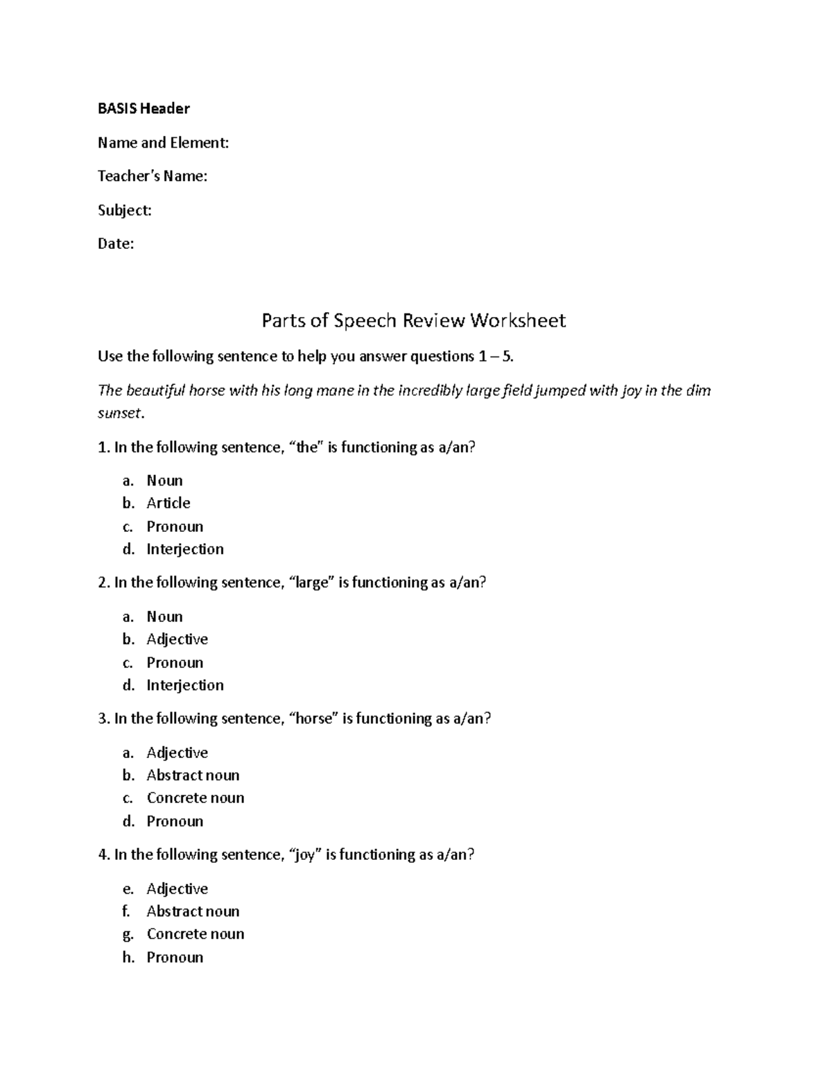 Parts of Speech Review Worksheet - BASIS Header Name and Element ...