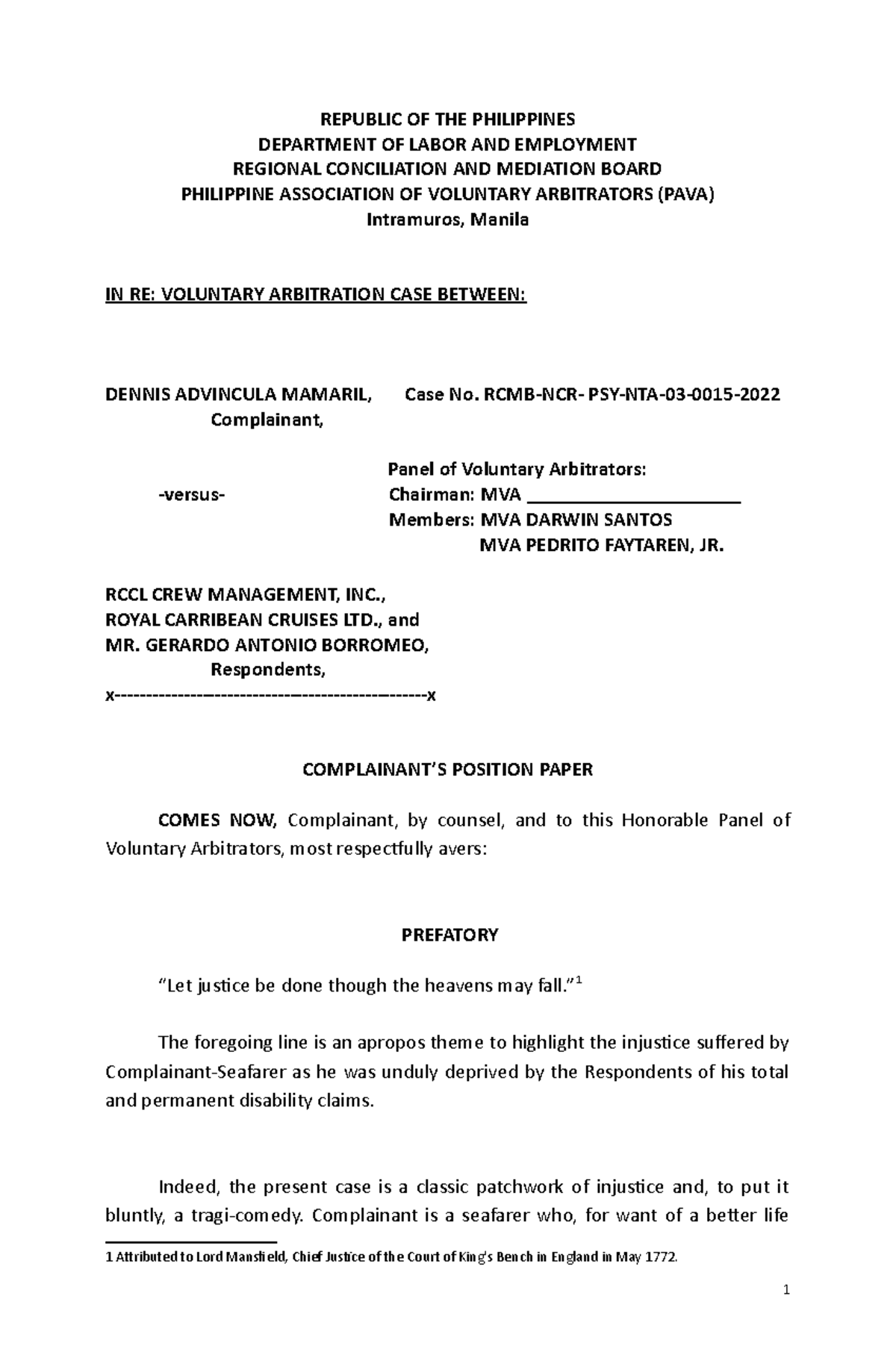 Position Paper, Mamaril VS. RCCL - REPUBLIC OF THE PHILIPPINES ...