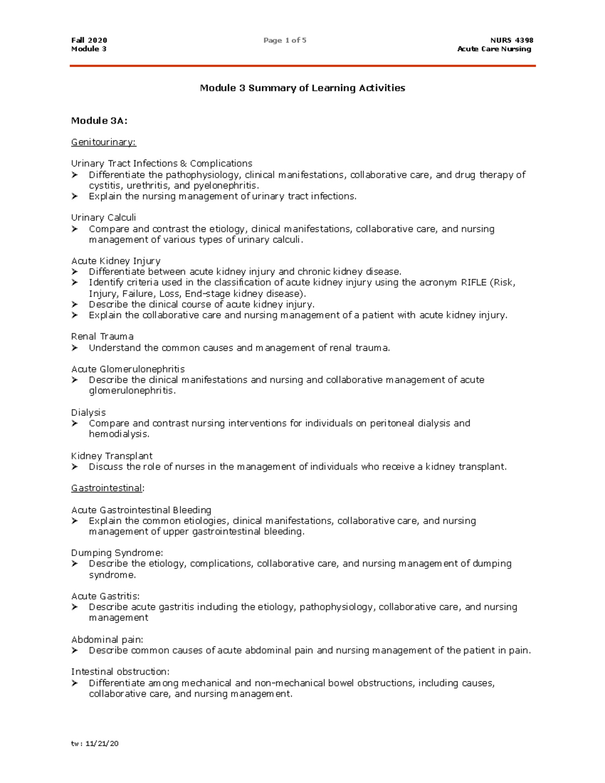 NURS 4398 Module 3 Summary of Learning Activities 2020 - Module 3 Acute ...