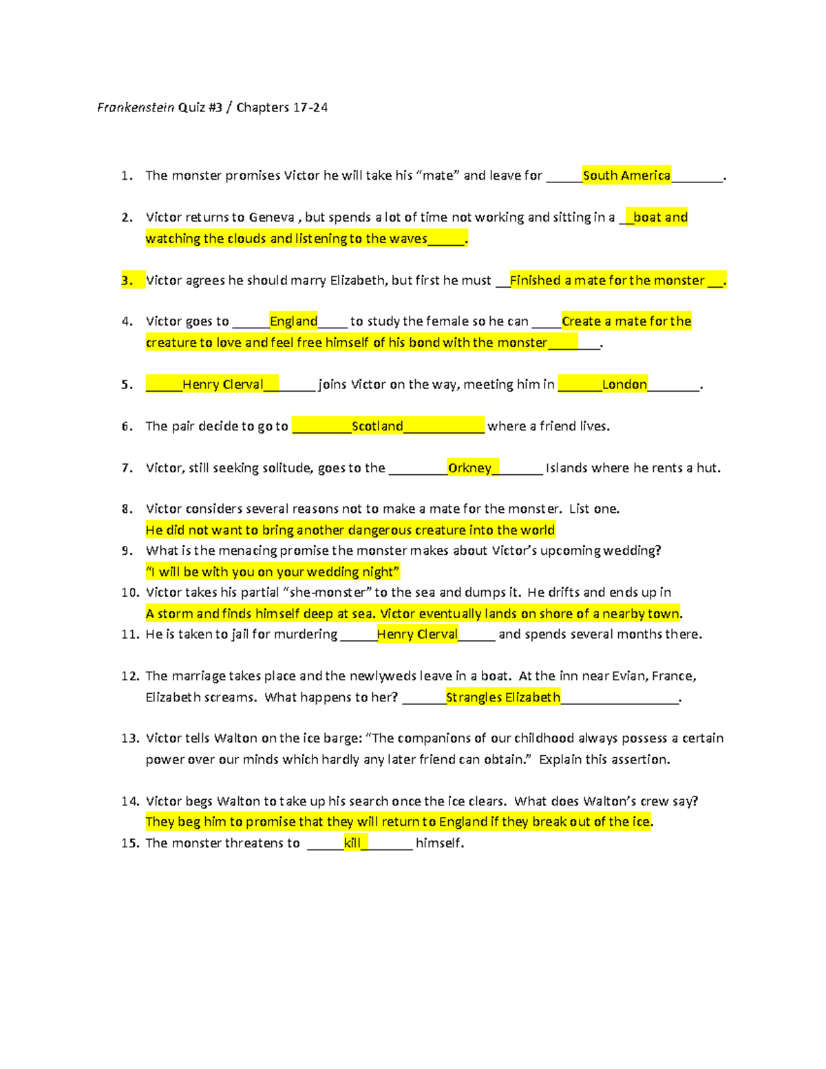 Frankenstein Quiz 3 - Victor returns to Geneva , but spends a lot of ...