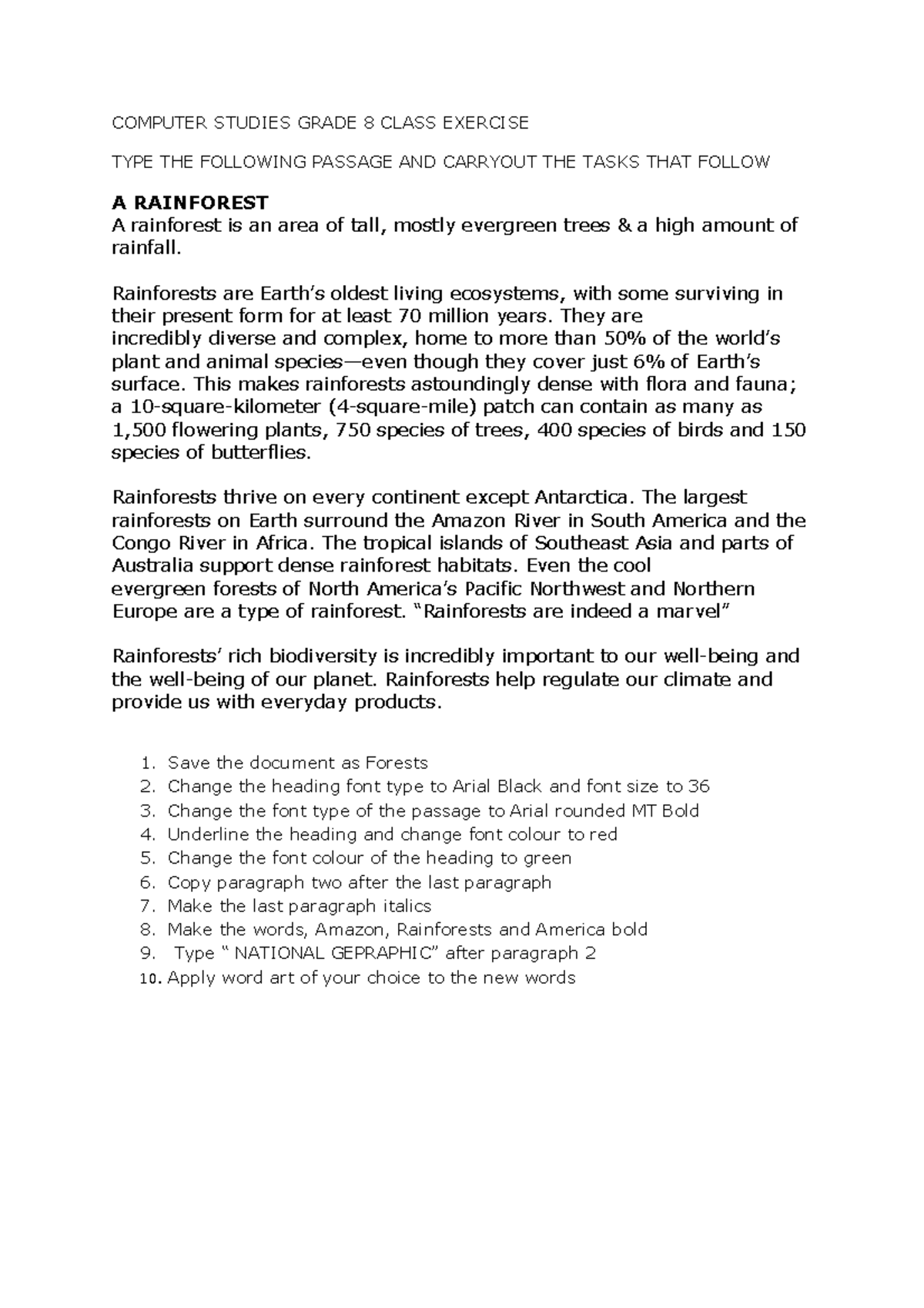 Computer Studies WORD Pract Grade 8 Class Exercise - COMPUTER STUDIES ...