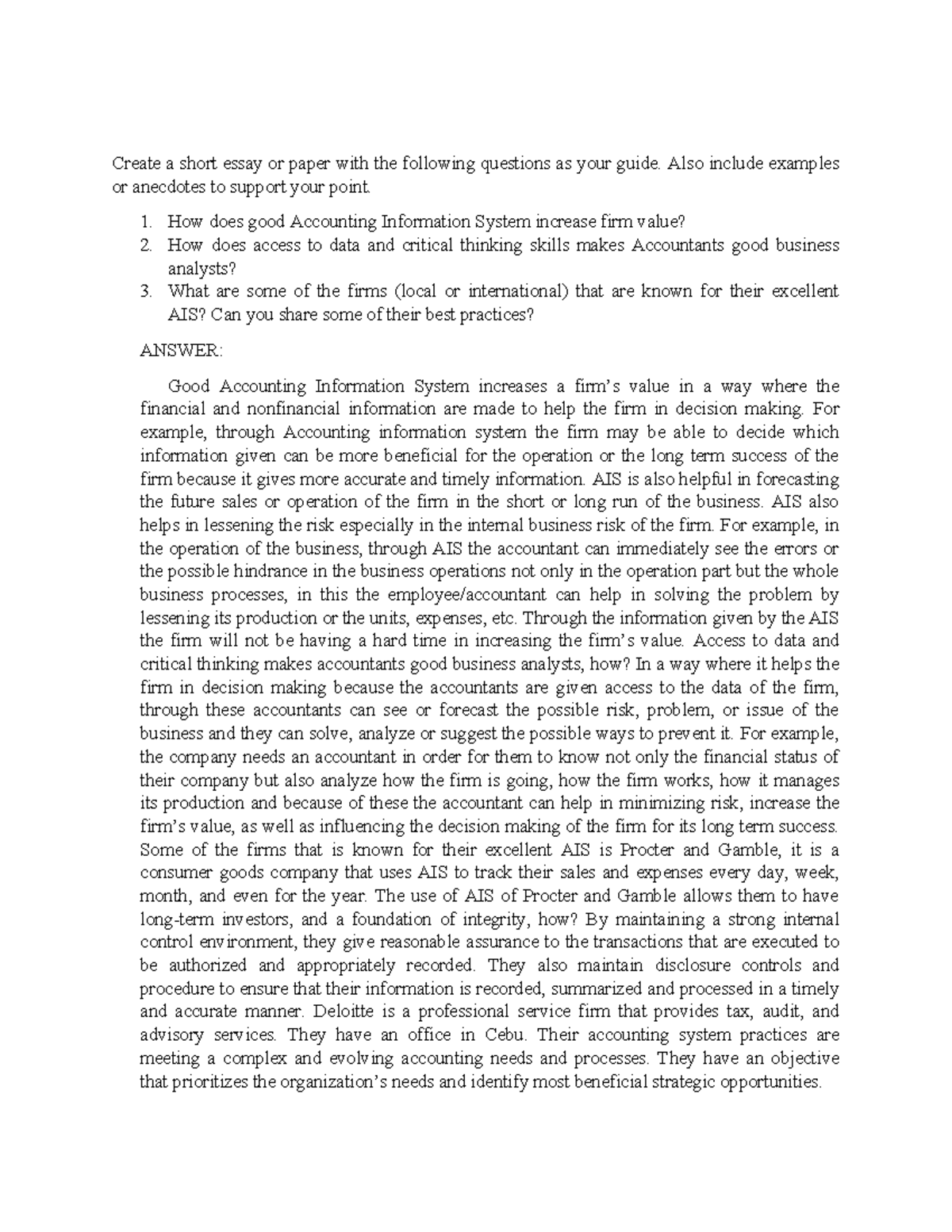 AIS ACTIVITY IN ACCOUNTING - Create a short essay or paper with the following questions as your ...