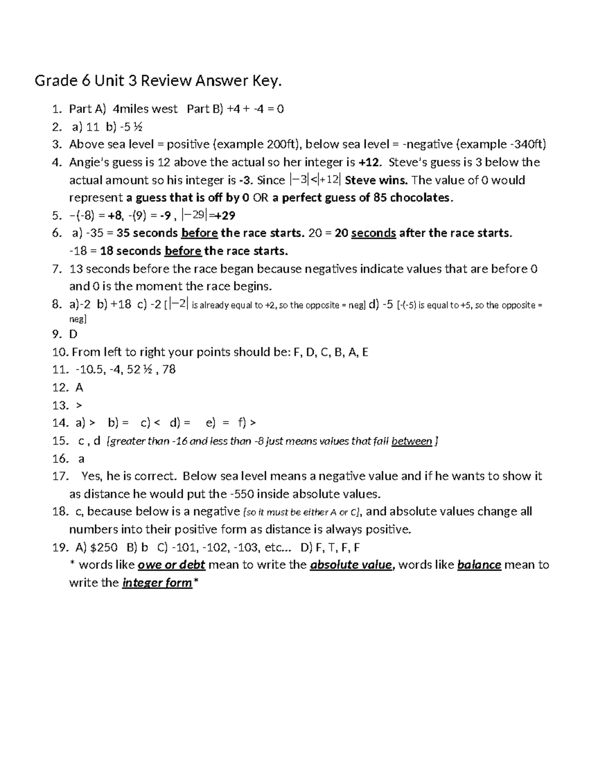 Grade 6 unit 3 review answer key - Grade 6 Unit 3 Review Answer Key. 1 ...