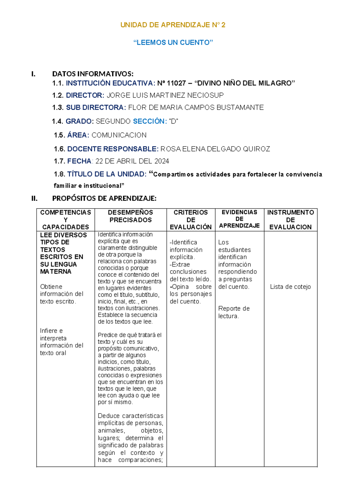 Sesion Leemos UN Cuento Sobre LA Familia - UNIDAD DE APRENDIZAJE N° 2 “LEEMOS UN CUENTO” I ...