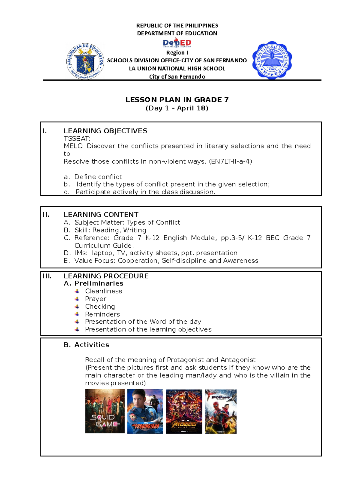 Lesson PLAN IN Grade 7 - n/a - REPUBLIC OF THE PHILIPPINES DEPARTMENT ...