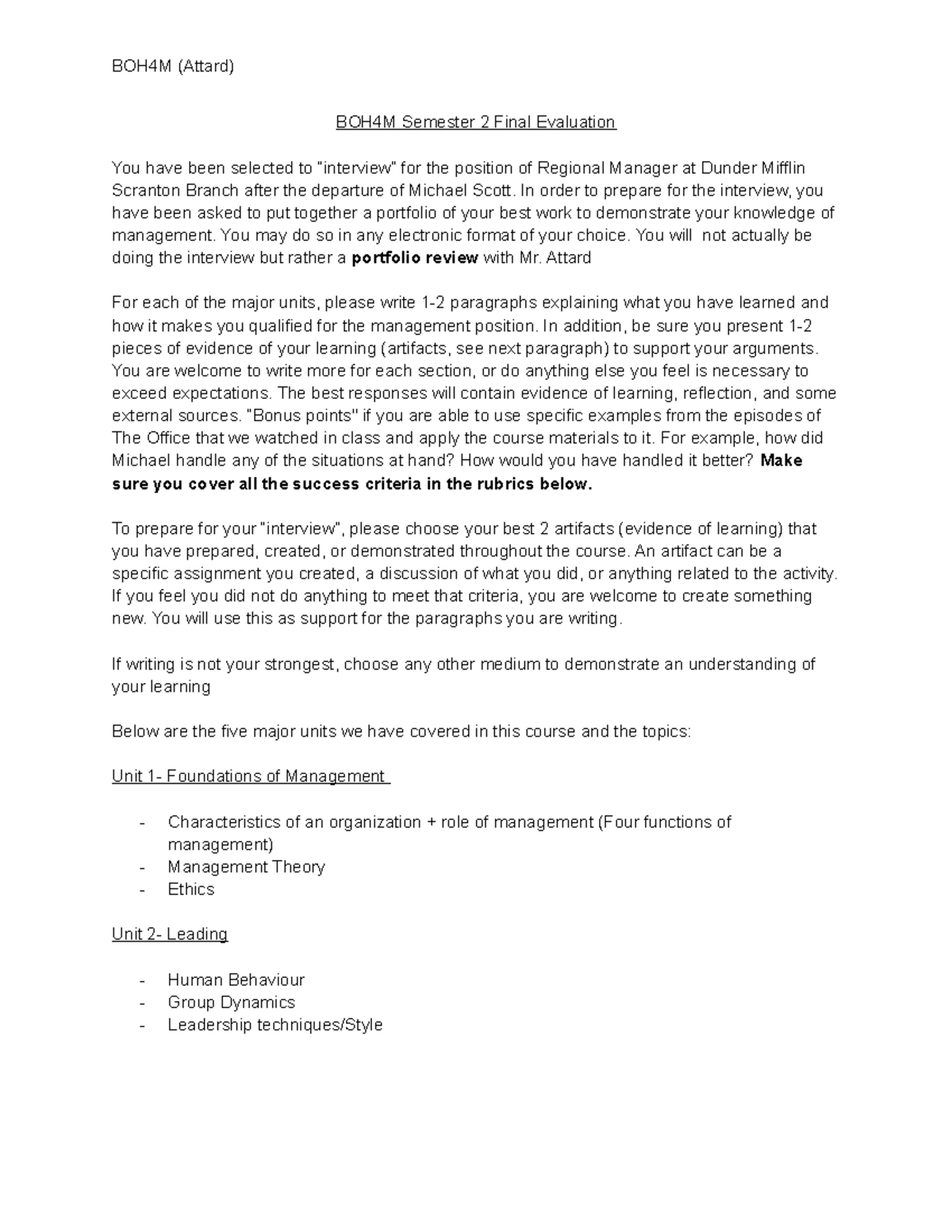 BOH Semester 2 Final Evaluation - BOH4M Semester 2 Final Evaluation You ...