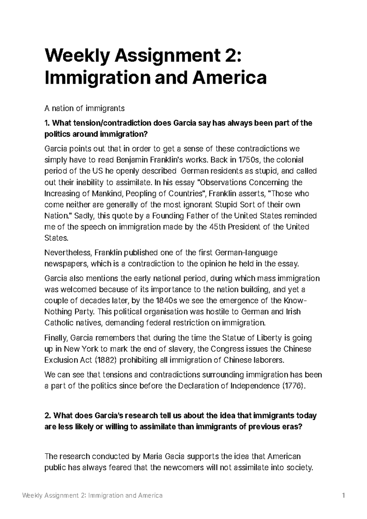 Weekly Assignment 2 Immigration and America - Weekly Assignment ԇ ...