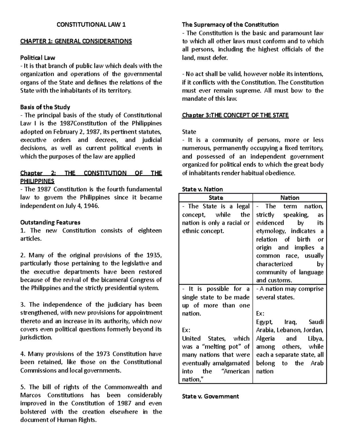 Constitutional LAW 1-Reviewer - CONSTITUTIONAL LAW 1 CHAPTER 1: GENERAL CONSIDERATIONS Political ...