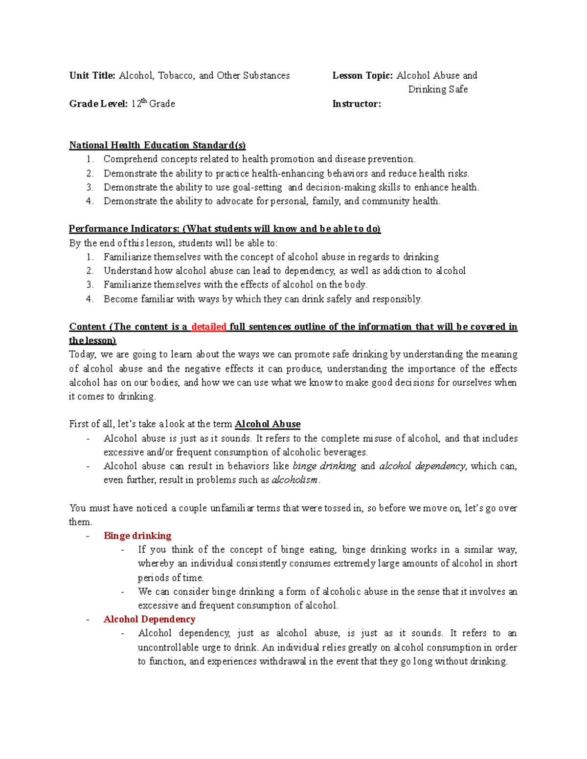 Unit Title Alcohol Use - Unit Title: Alcohol, Tobacco, and Other ...
