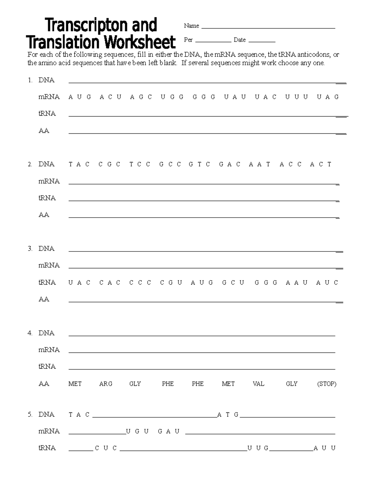 Transcription and Translation Practice - Name Per Date For each of the ...