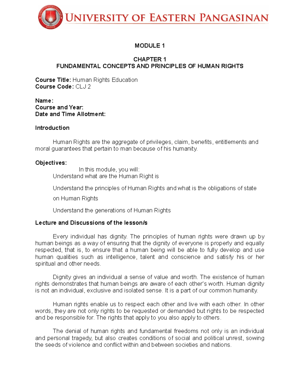 CLJ Human Rights - MODULE 1 CHAPTER 1 FUNDAMENTAL CONCEPTS AND ...