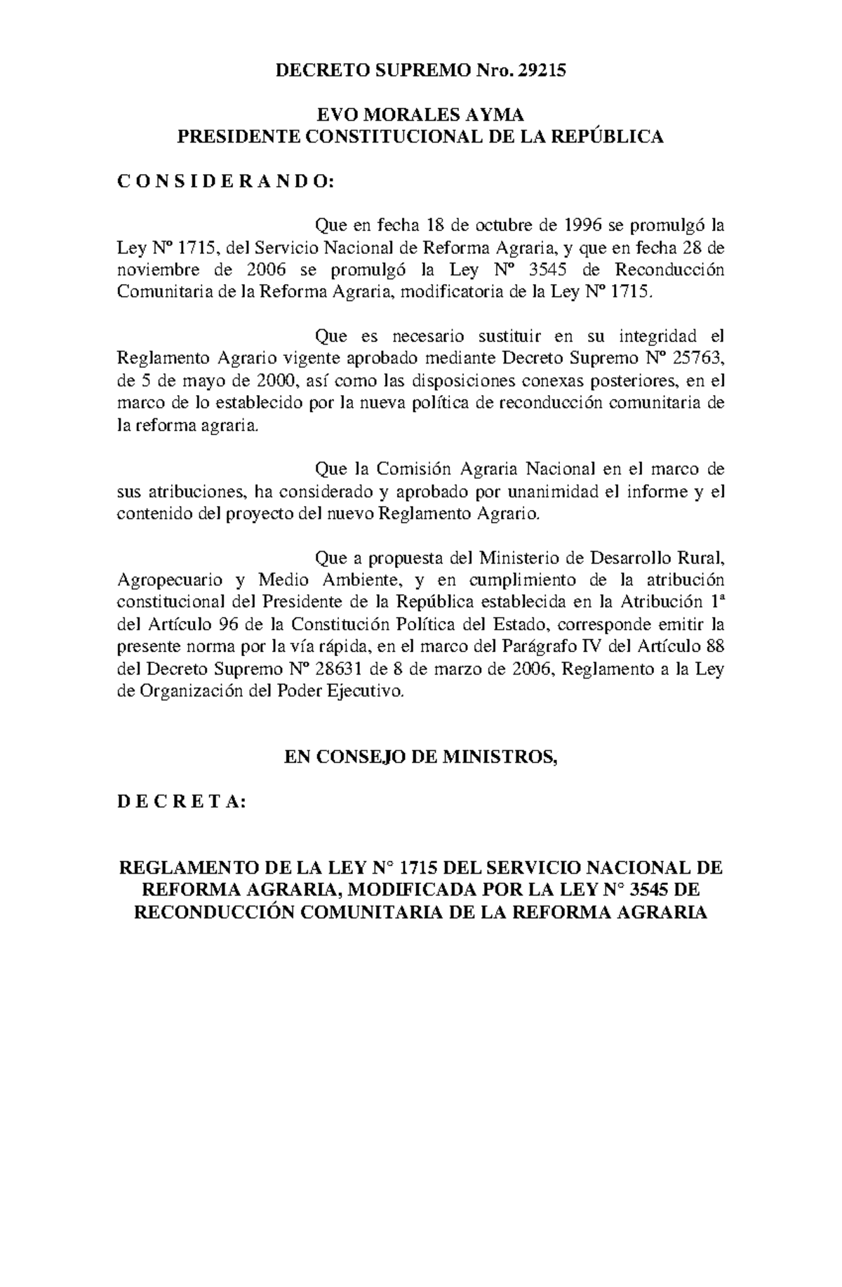 D.S. 29215 inra - DECRETO SUPREMO DE LA LEY INRA - DECRETO SUPREMO Nro ...