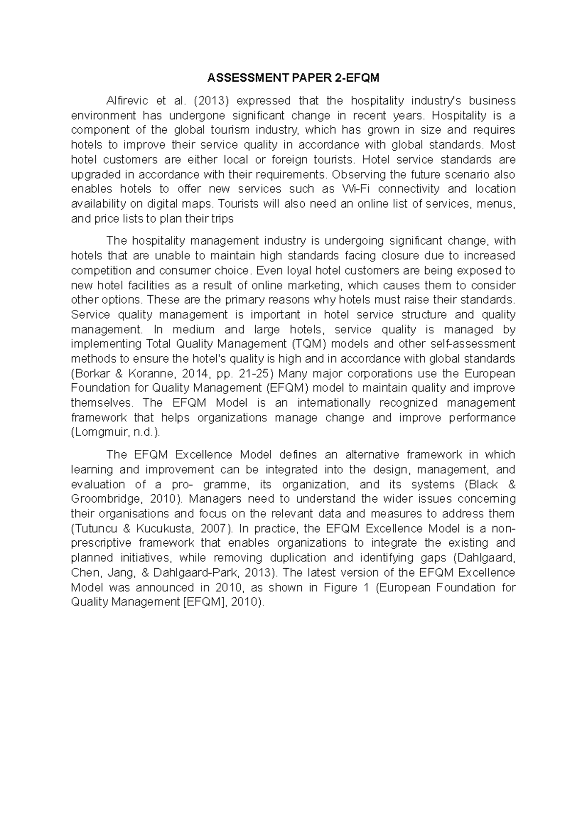 Assessment Paper 2 EFQM - ASSESSMENT PAPER 2-EFQM Alfirevic et al ...