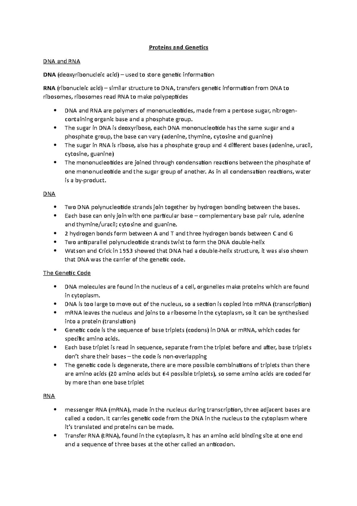 DNA - Notes on the genetic code. - Proteins and Genetics DNA and RNA ...