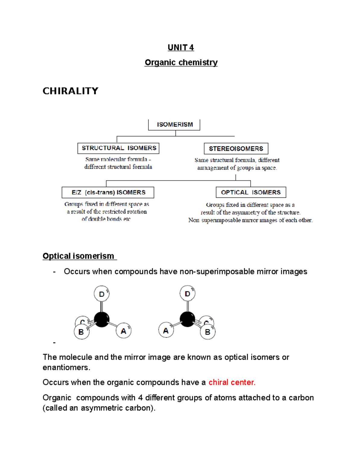 Organic - chirality - Alevel notes chemistry - UNIT 4 Organic chemistry ...