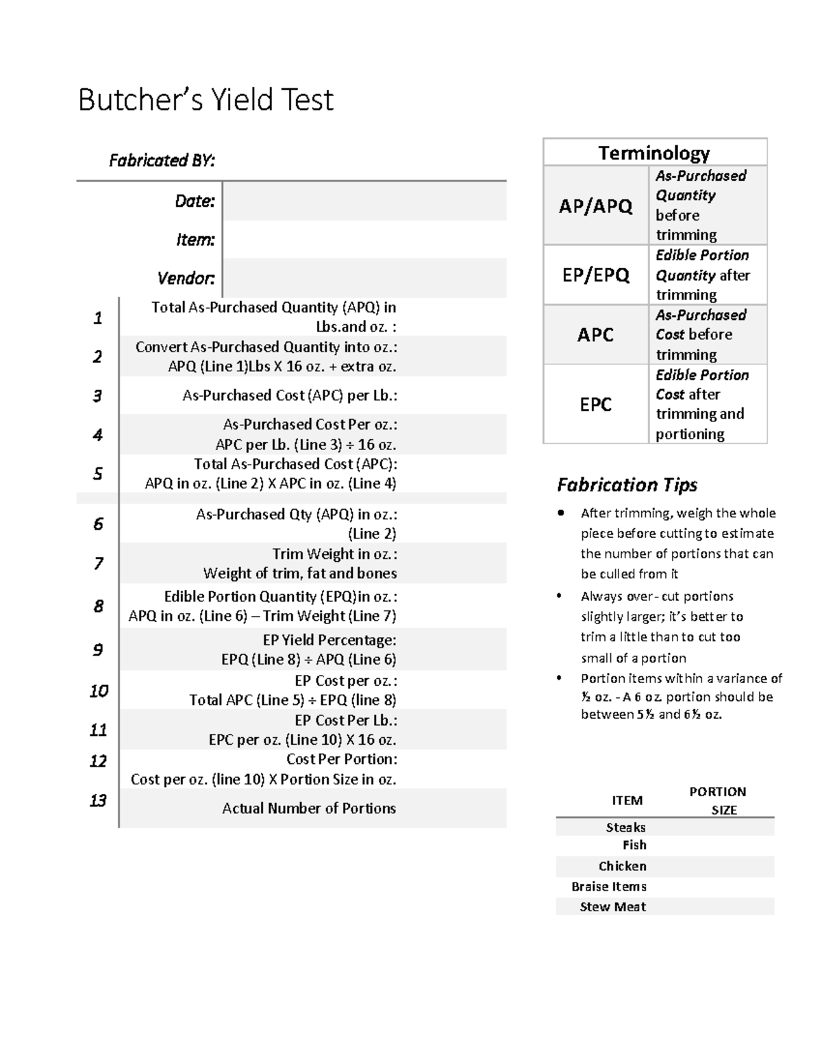 Butchers+Yield+Revised+Feb+2019 - Butcher’s Yield Test Fabricated BY ...
