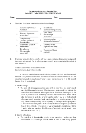 Para Lab Exercise 2 - Parasitology Laboratory Exercise No. 2 ...