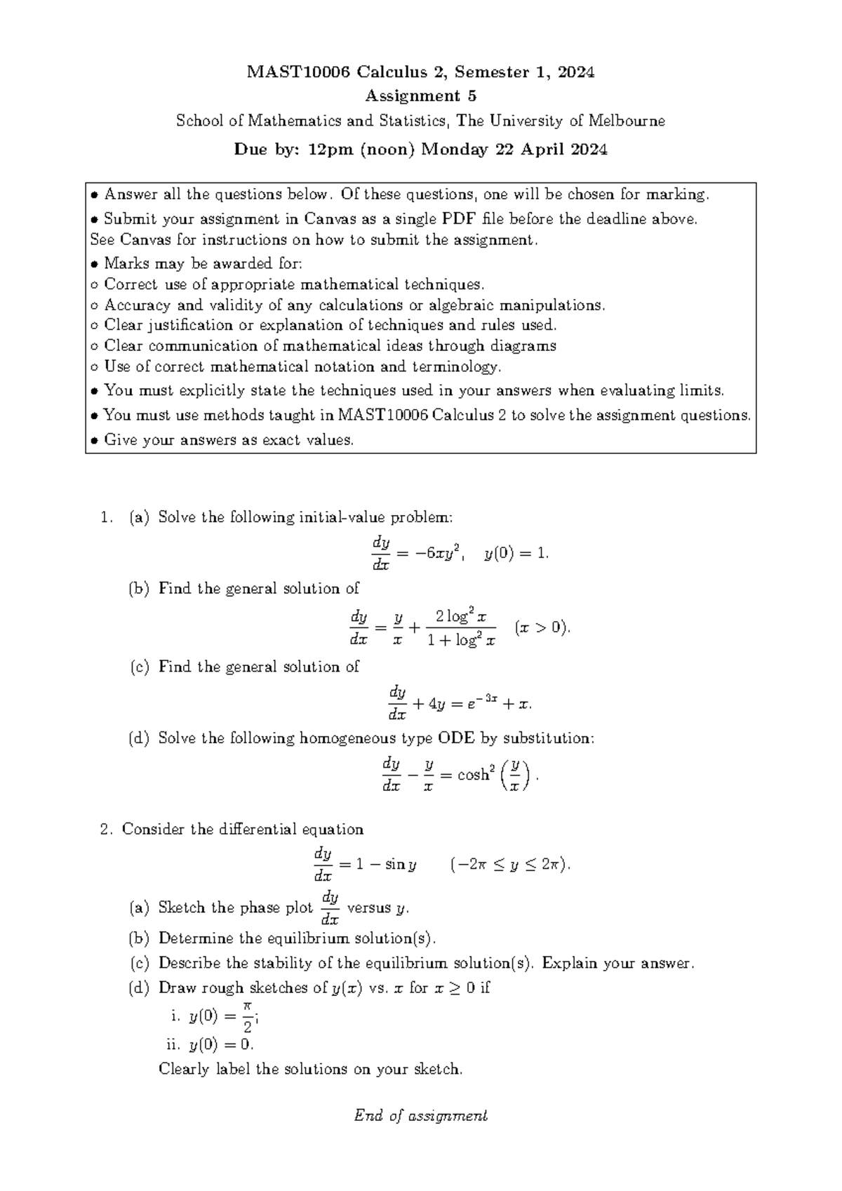 Calc 2 Assignment 5 Assignemnt 5 Mast10006 Calculus 2 Semester 1 2024 Assignment 5 School