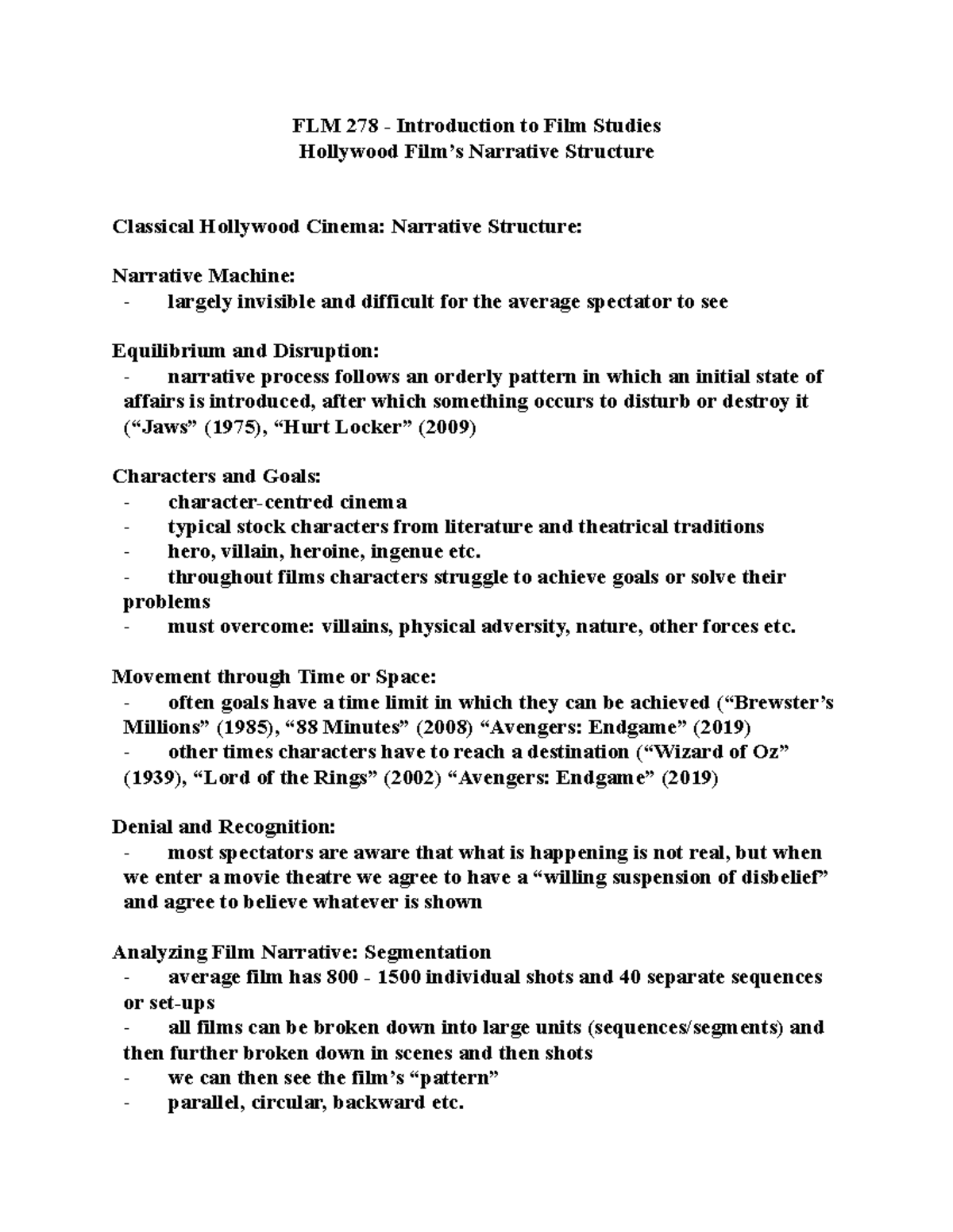Hollywood Film's Narrative Structure 2020 - FLM 278 - Introduction to ...