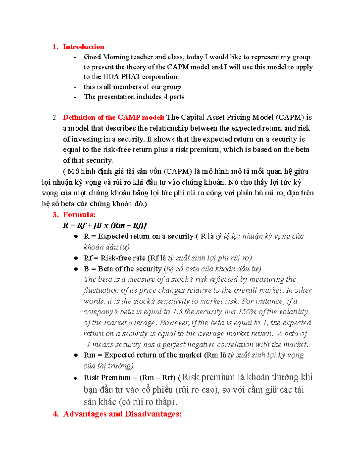 Script CAPM - 1. Introduction - Good Morning teacher and class, today I would like to represent ...