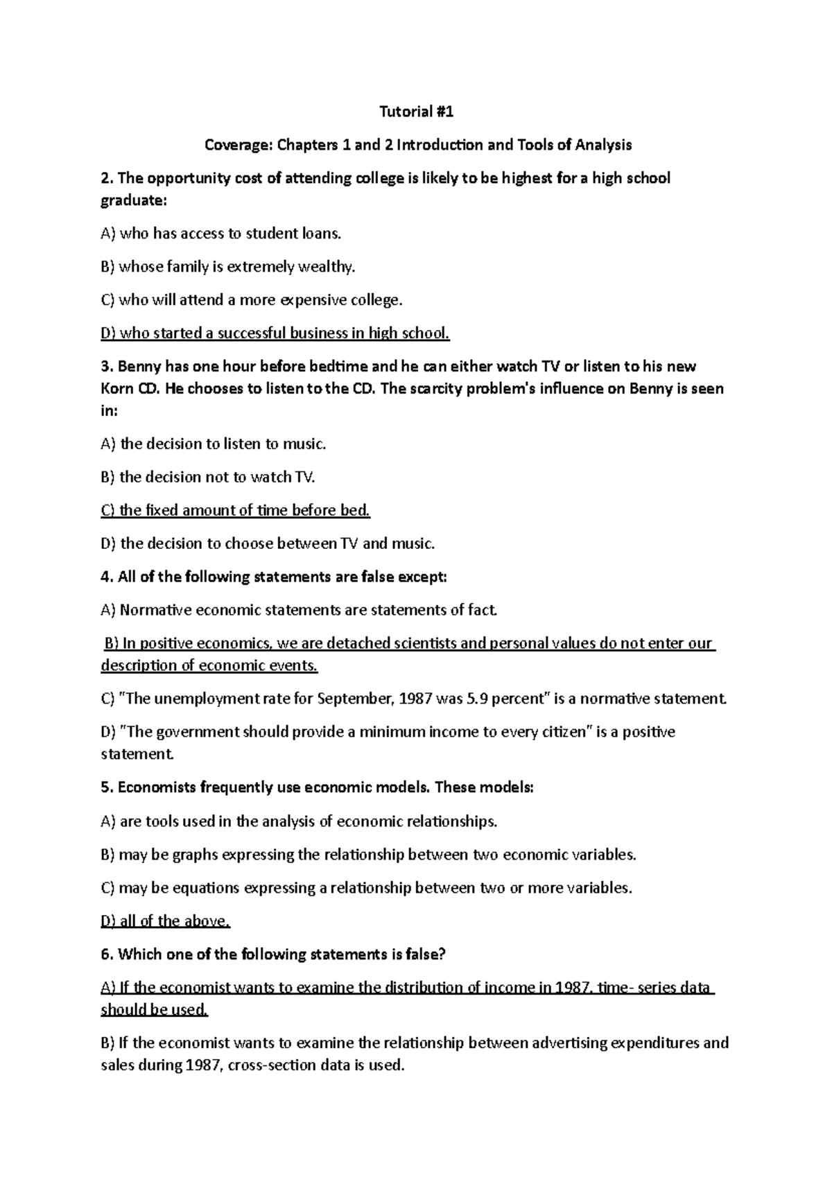 ECON 201 mcq chapter 1&2 - Tutorial # Coverage: Chapters 1 and 2 Introducion and Tools of ...