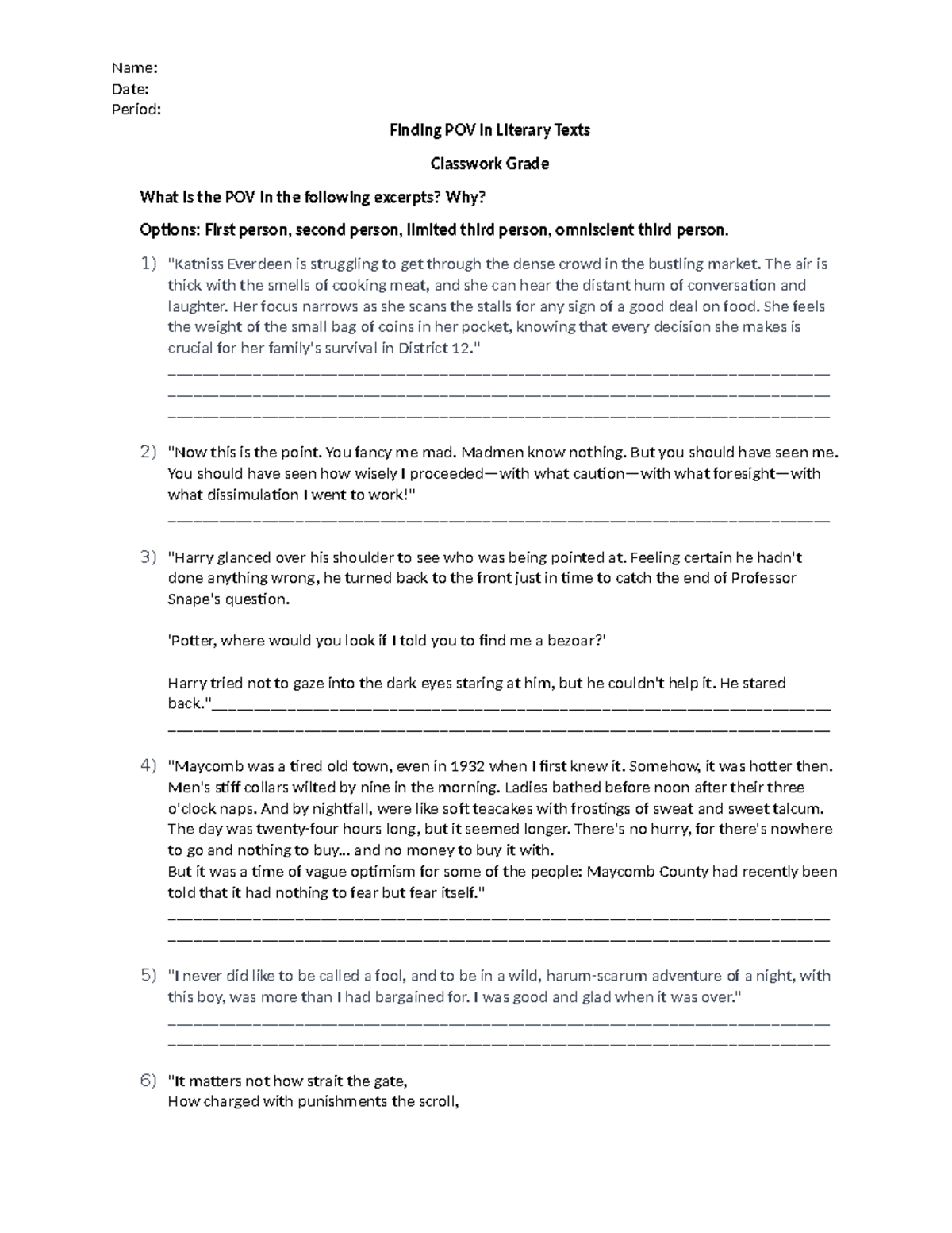 POV practice - Point of View in literary texts - Name: Date: Period ...